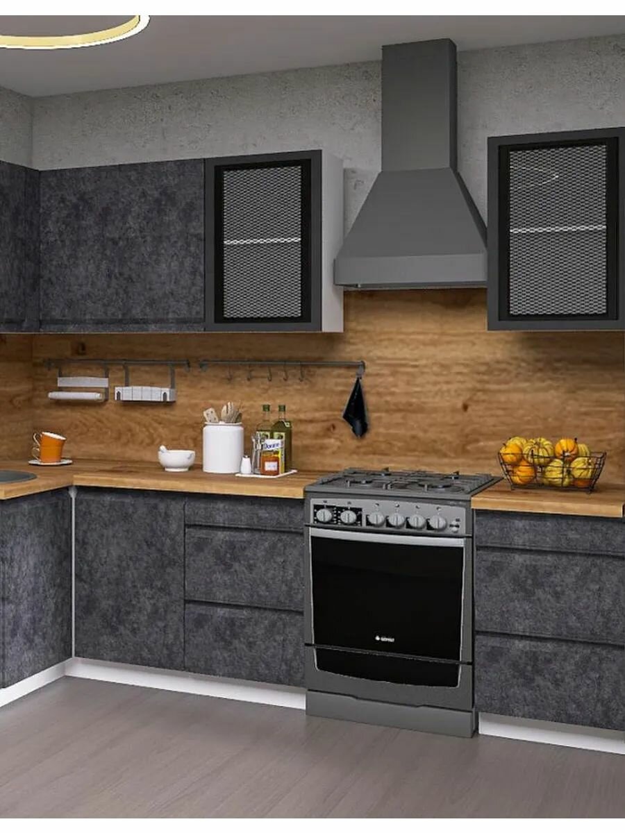 Кухонный гарнитур угловой Велюр 2.1х1 м, мебель для дома и кухни, Белый / Бетон графит / Черный, стекло