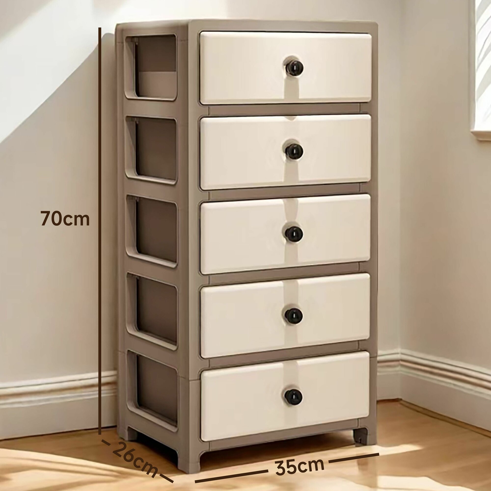 Комод, ABS-пластик, влагостойкое покрытие, антибактериален, 5 ящиков, белый, 35х26х70