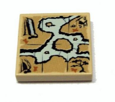 Tile 2 x 2 with Map Cave, Tree, House, Waterfall Pattern, 3068pb0407 Tan U