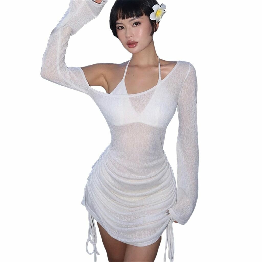 Женское прозрачное пляжное мини-платье с рюшами по бокам и завязками на шнурках, с длинным рукавом и открытыми плечами, бикини, платья-накидки