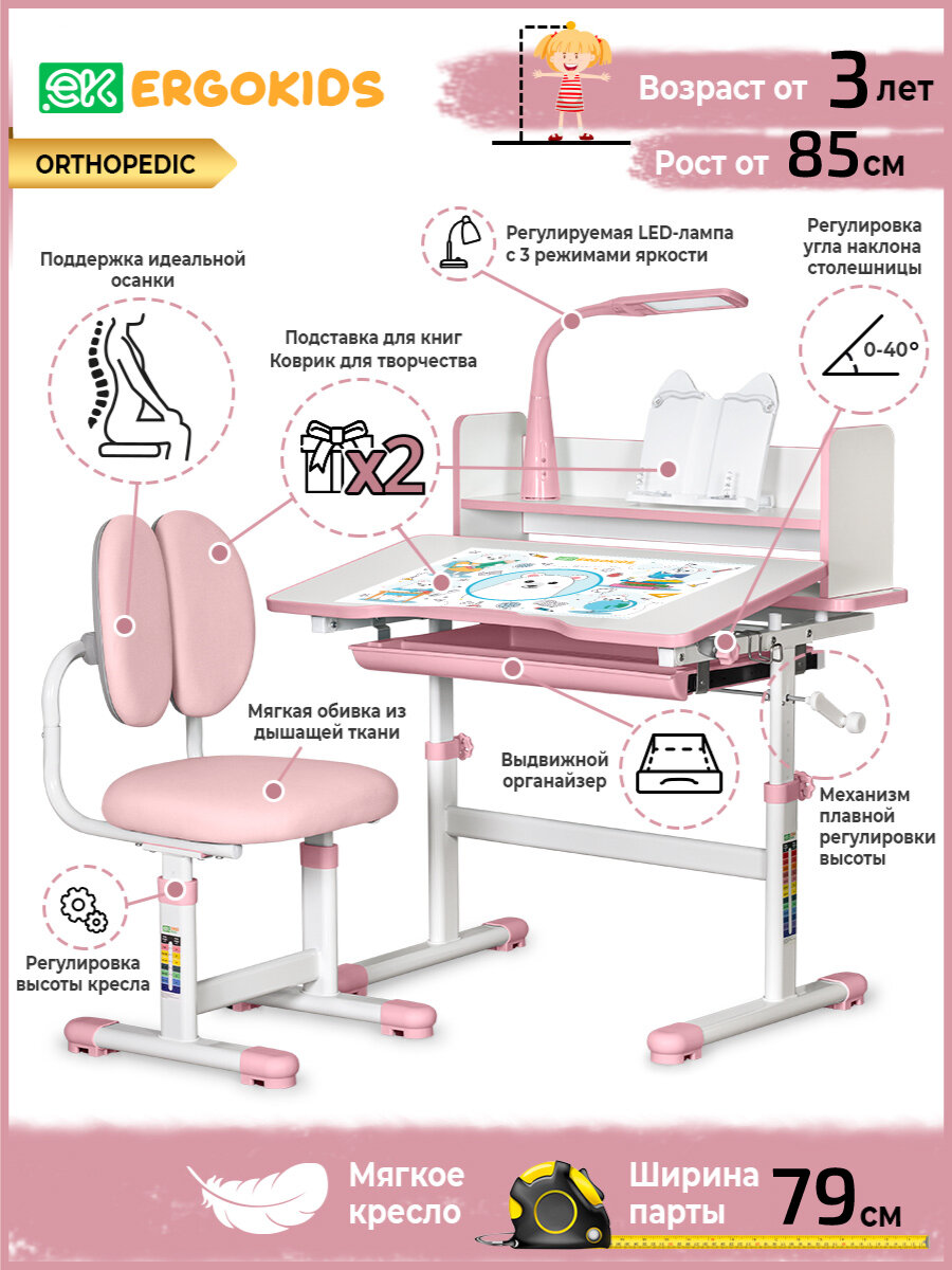 Растущая парта и стул для школьника Ergokids BD-24 PN мягкое кресло ширина столешницы 79 см