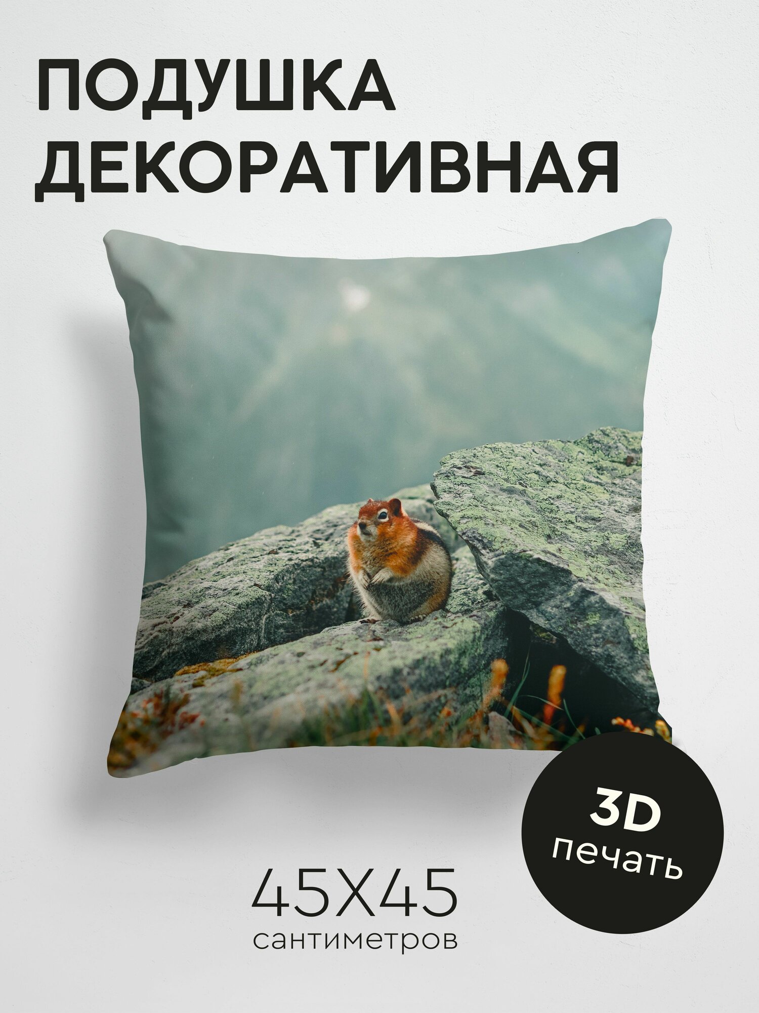 Подушка декоративная, 45x45см / Животные / бурундук / грызун / животное / дикая природа