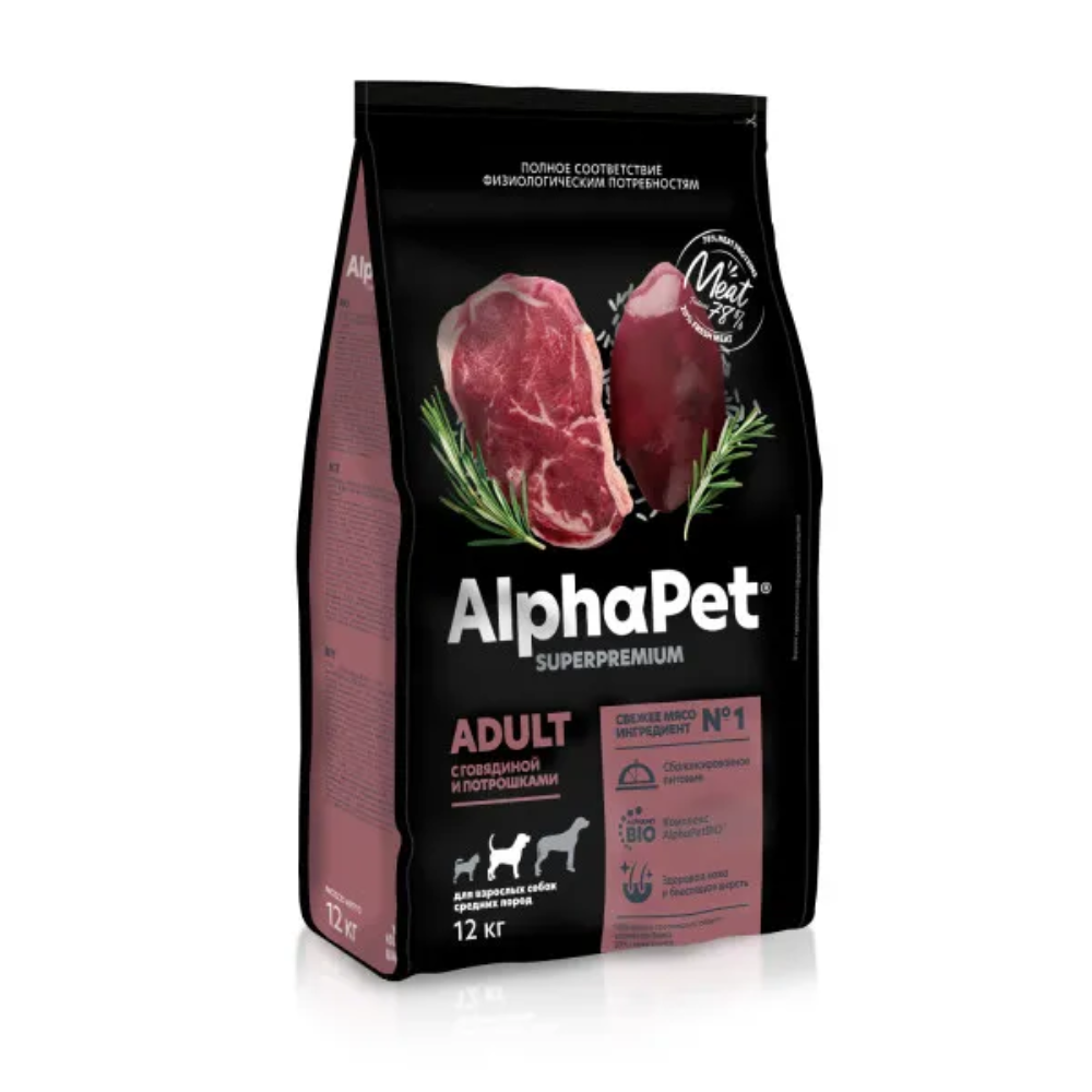 Сухой корм AlphaPet Superpremium для взрослых собак средних пород с говядиной и потрошками, 12 кг