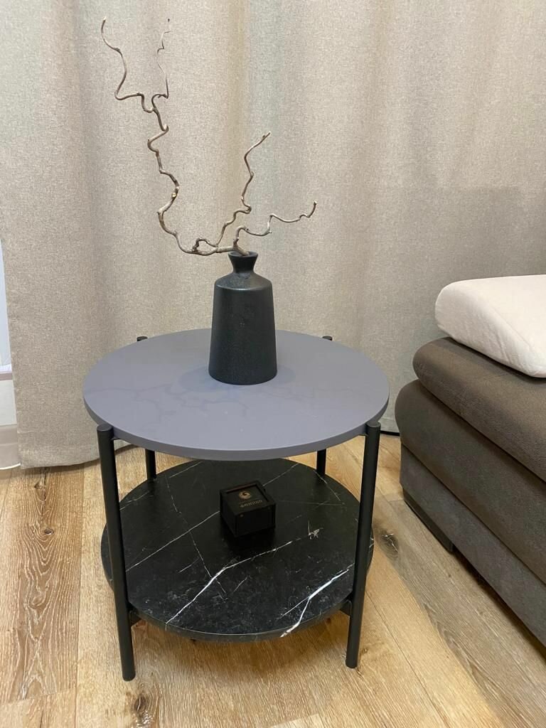 Журнальный стол ORBIS "Лотос", 50 см, круглый, металлический каркас, Черный мрамор/Графит