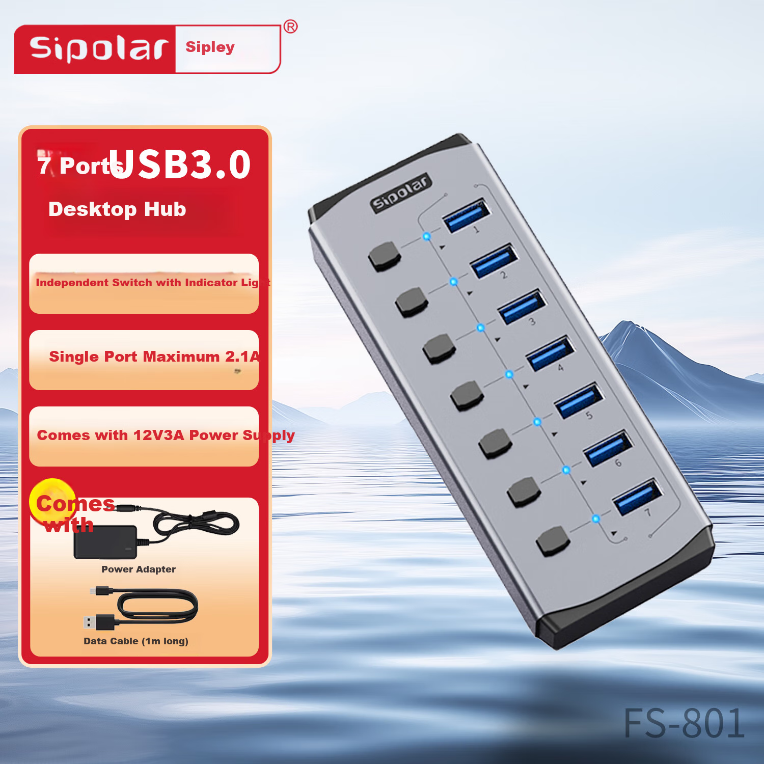 SIPOLAR 7-портовый USB 3.0 хаб с независимым питанием, высокоскоростная расширительная док-станция 5Gbps для ноутбуков