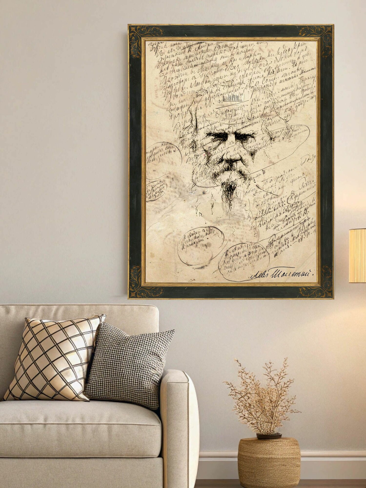 Портрет Льва Толстого с цитатами и рукописями Война и Мир (размер A3, без рамы)