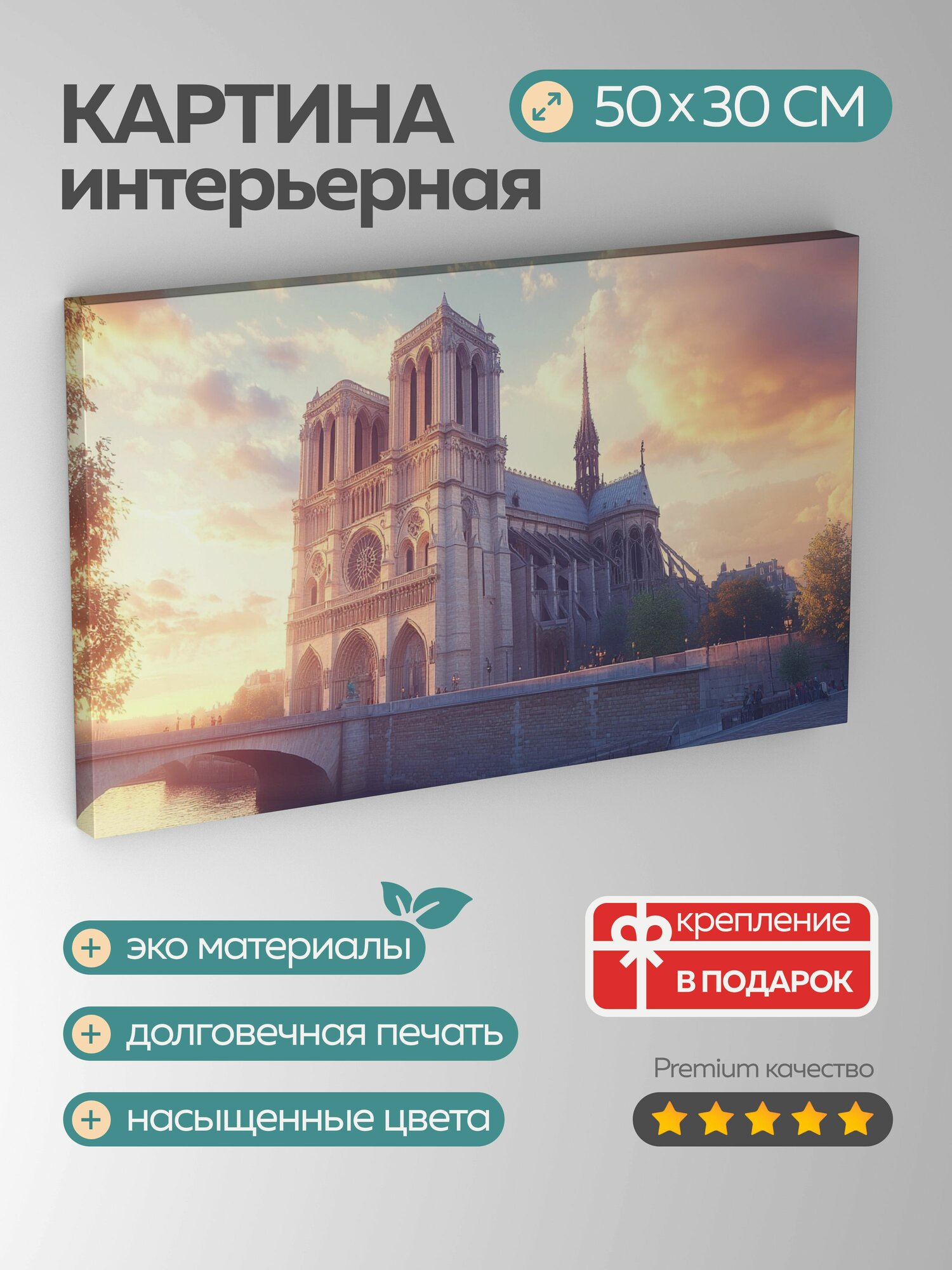 Картина на холсте интерьерная 50х30 см, Собор Парижской Богоматер, готическая архитектура, утренний свет, рассвет