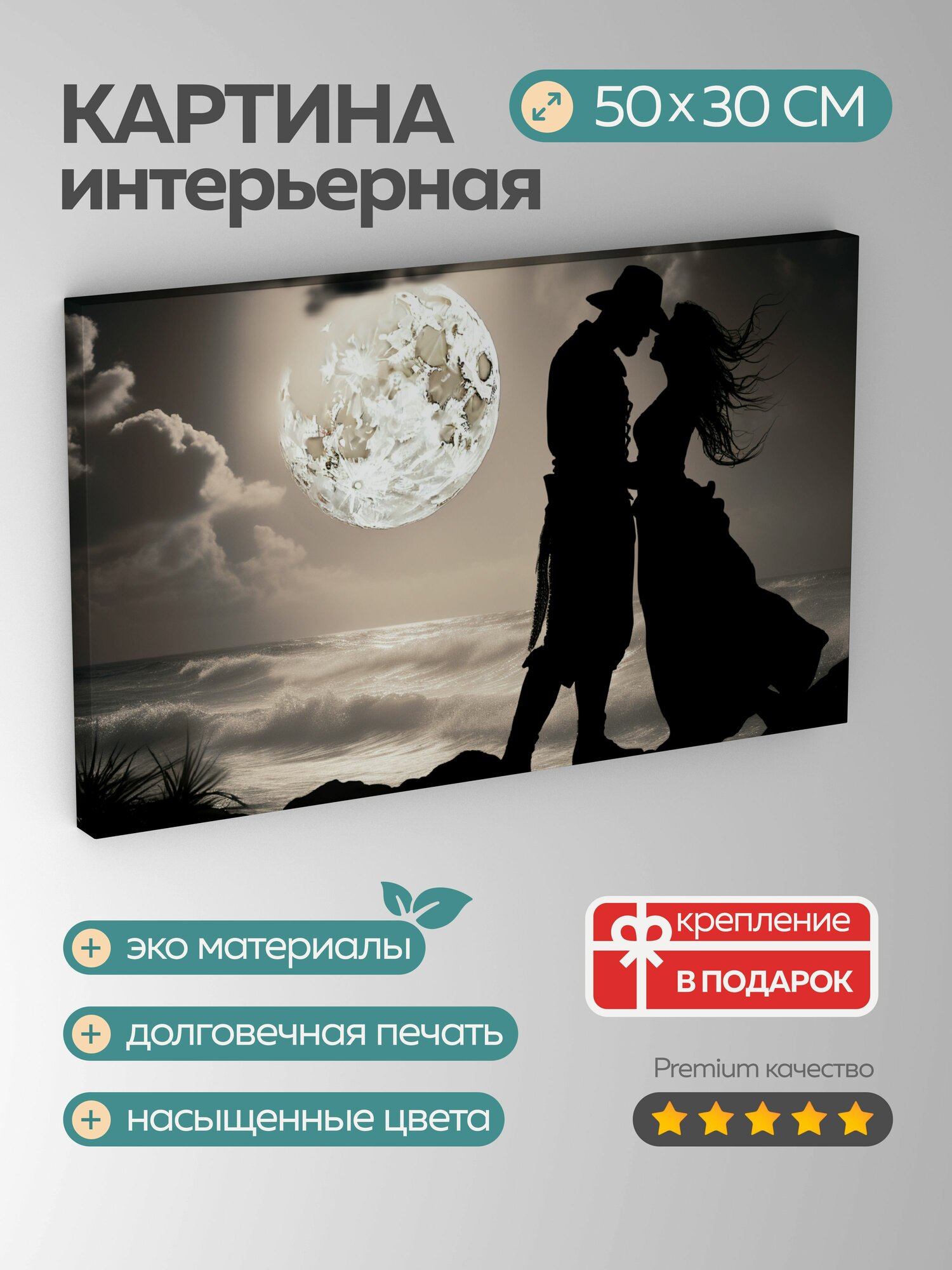 Картина на холсте интерьерная 50х30 см, пират, возлюбленная, поцелуй, пляж, лунный свет, силуэты, сцена, опасность