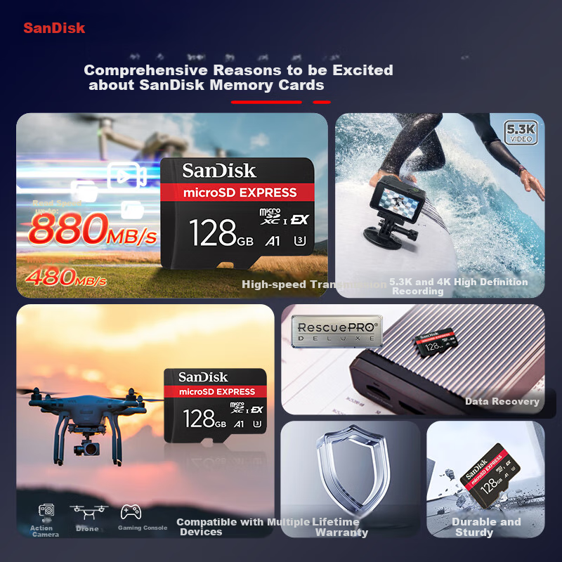 SanDisk 128GB TF (MicroSD) Memory Card 5.3K HD 880MB/s Read 480MB/s Write for Dash Cam, Action Camera, Drone, Surveillance Storage Card