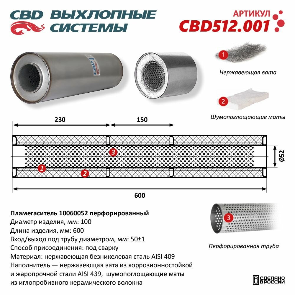 Пламегаситель 10060052 перфорированный внутр. узел, из Нерж. стали. CBD512.001