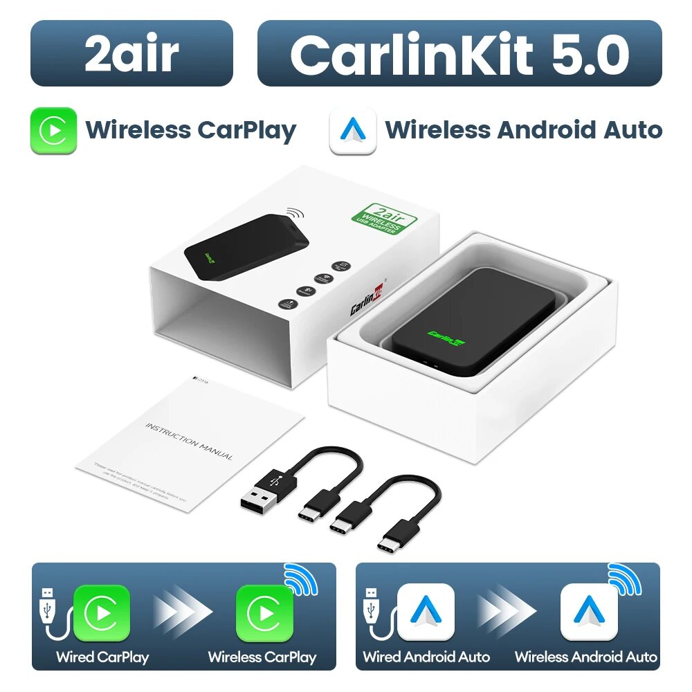 CarlinKit 5.0 Проводной к беспроводному адаптеру Беспроводной Android Auto CarPlay Smart Car Box Bluetooth WiFI Авто подключение онлайн-обновление CarlinKit 5.0 2air