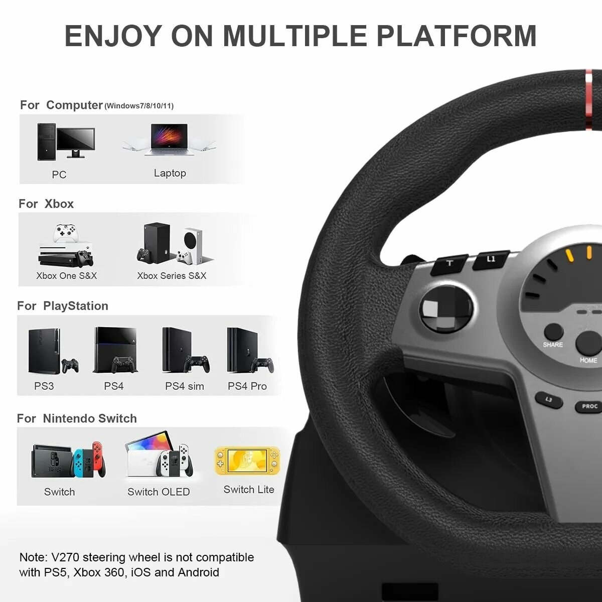 Игровой руль, для Nintendo Switch/Computer/PlayStation/Xbox, черный — фото 1