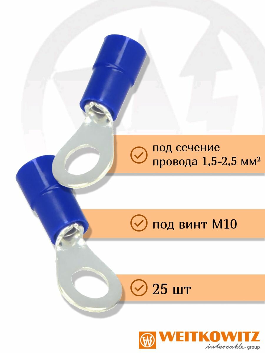 Наконечник кольцевой медно луженый изолированный для провода сечением 1,5-2,5мм2 под винт М10 арт. 42028 Weitkowitz Германия (25 штук)