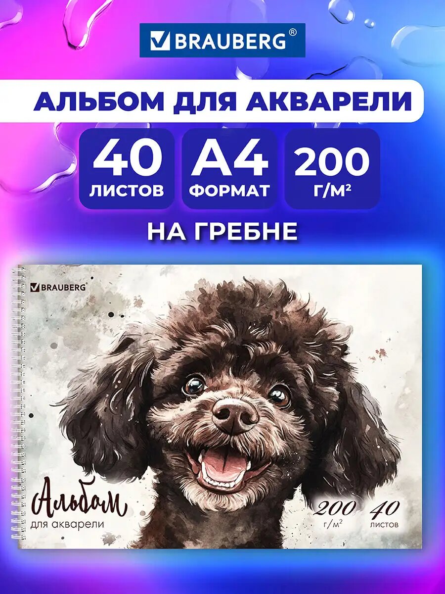 Альбом для рисования, акварели А4 40 листов на гребне, плотная бумага 200 г/м2 твердая подложка, Brauberg Пудель, 116885