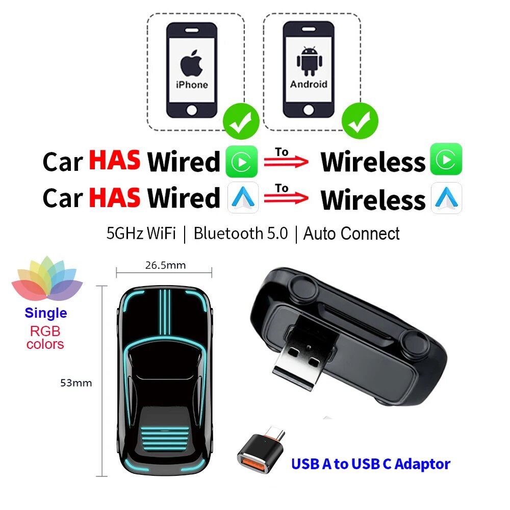 EKIY 2in1 RGB Wireless CarPlay Dongle Mini A2A Box Беспроводной адаптер Android Auto для автомобиля имеет проводный CarPlay или Android Auto EC07Pro