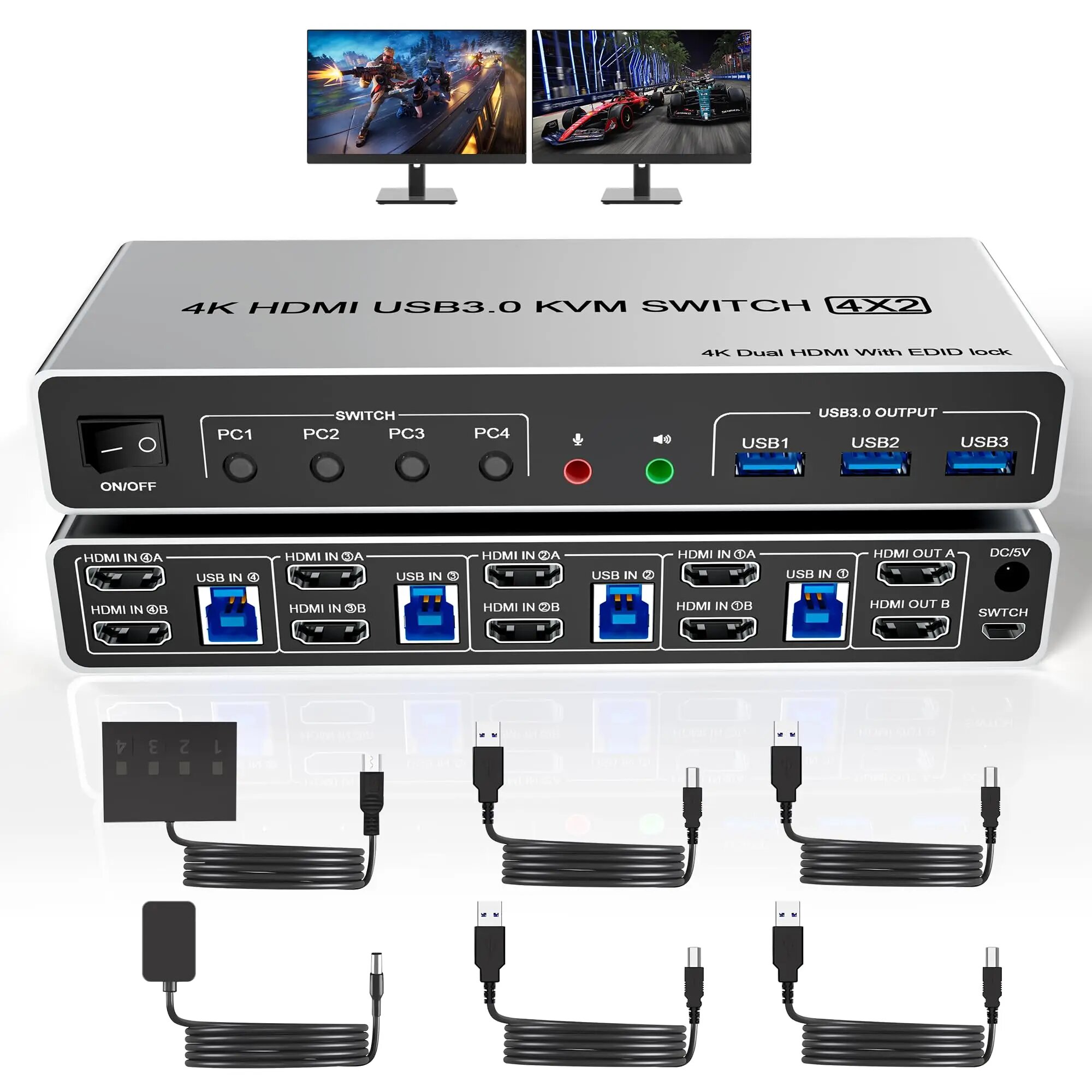 KVM-переключатель HDMI 4K USB 3.0 4 порта, 2 монитора, EU PLUG