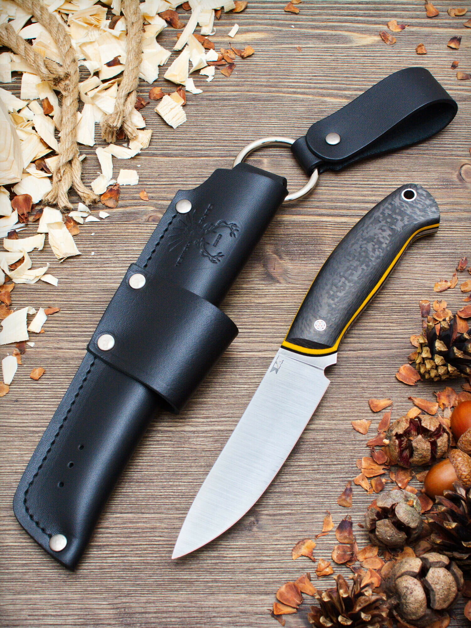 Нож туристический Путник AUS-10 Cryo Сатин Carbon+G10 Черный-Желтый Цельнометаллический (Full-tang) 7 Ножей (Seven Knives)