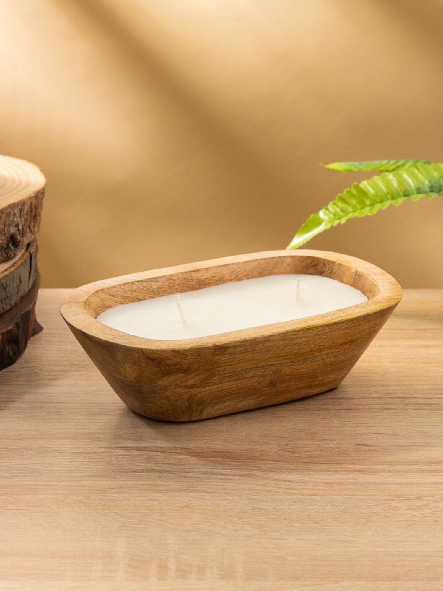 Свеча в деревянной чаше, парафин и соевый воск, 20×13×5.5 см