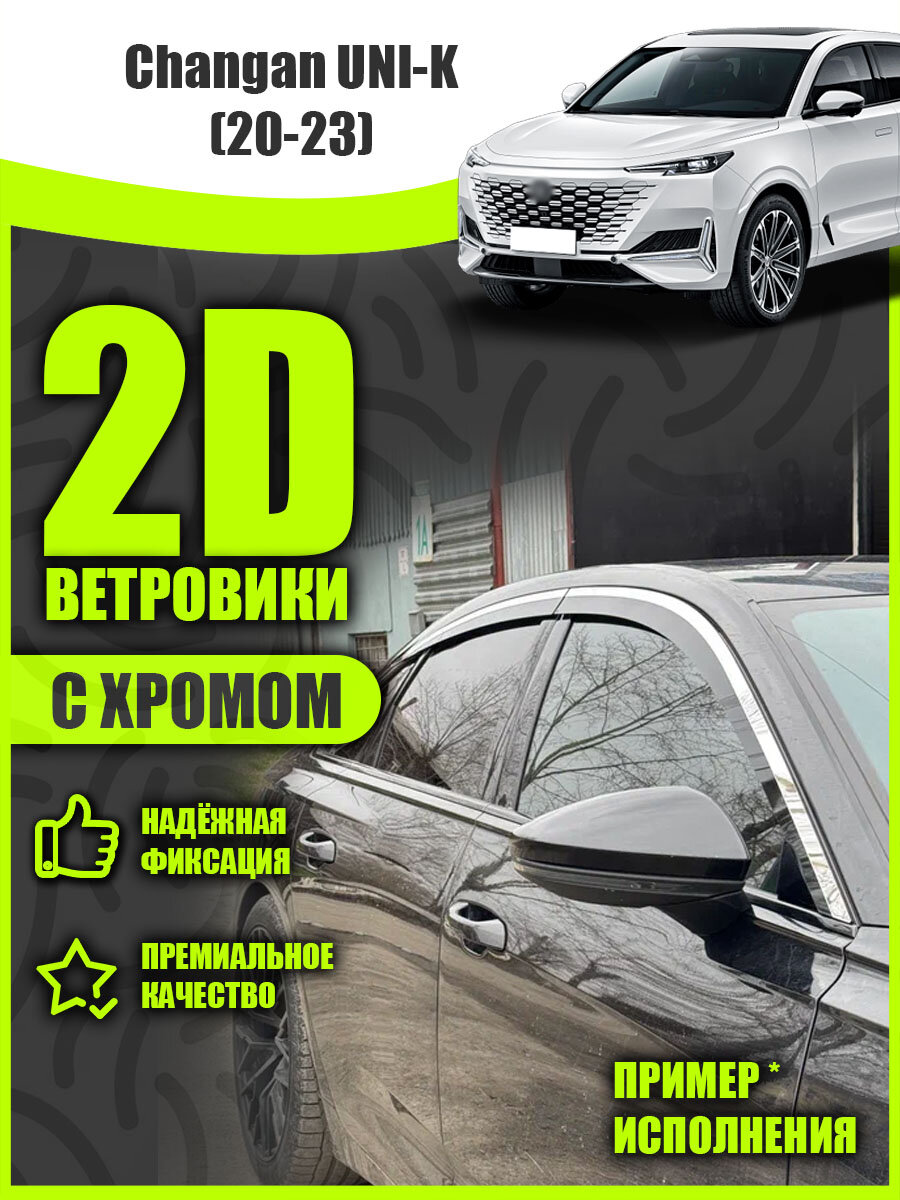 2D дефлекторы с хромом для окон Changan UNI-K (2020-н. в) 1 поколение / Ветровики на Чанган Юни Кей. Комплект 6 шт.