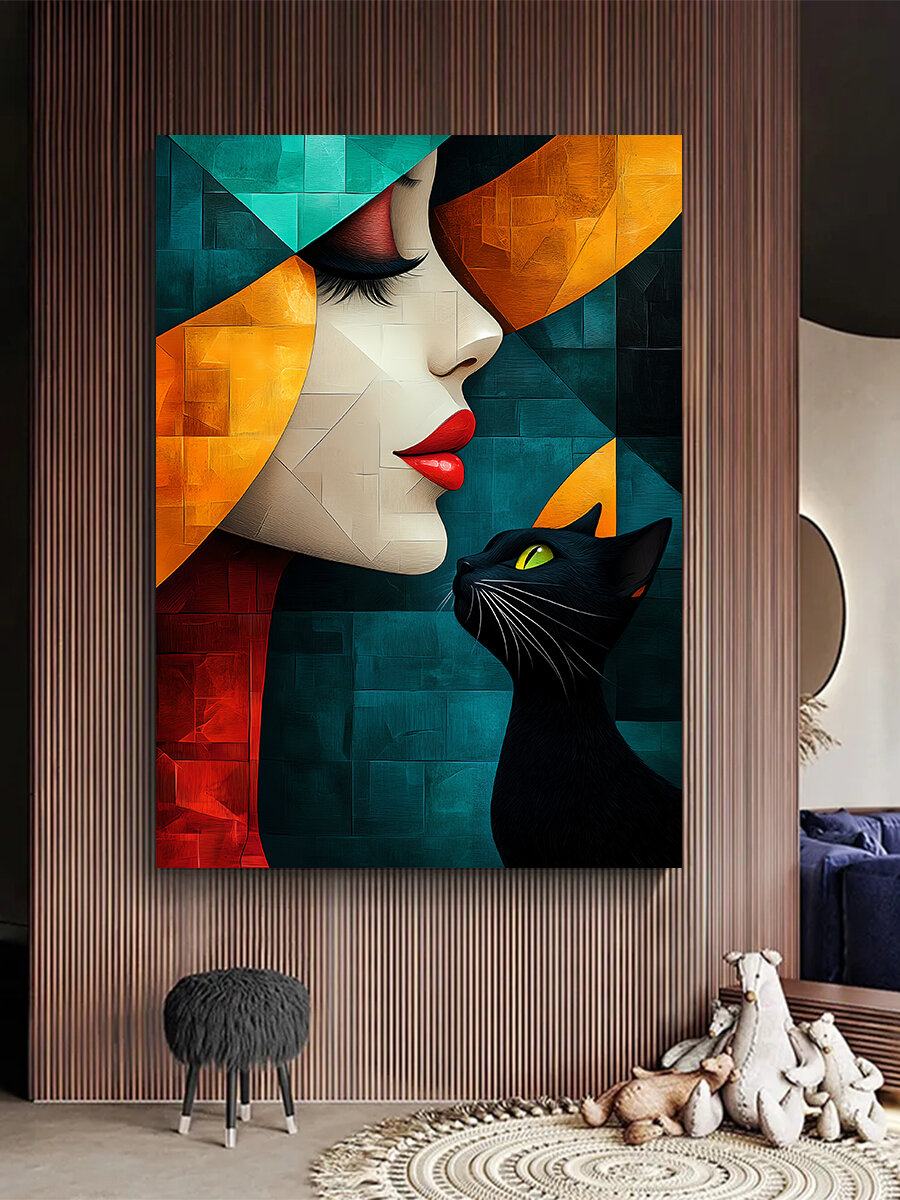 Картина на стену для интерьера - "Абстракция, девушка с котом" , 20х30 см.