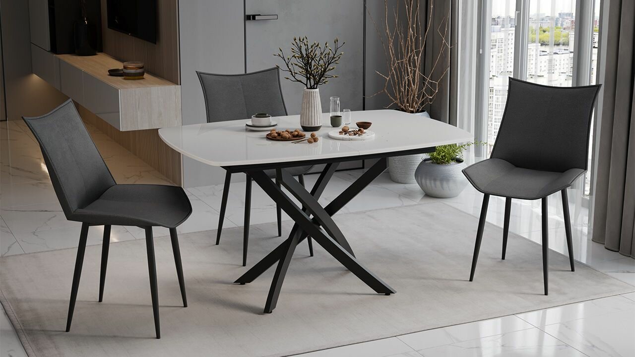 Стол кухонный обеденный раздвижной Черный муар/Стекло глянцевое белое 134(173)х90х75 см