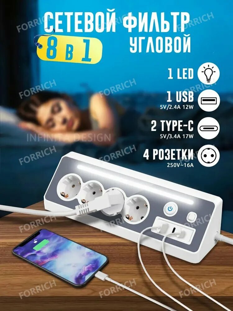 KNOW EASY-Сетевой фильтр 1,5 метра угловой Удлинитель с USB и Type-c