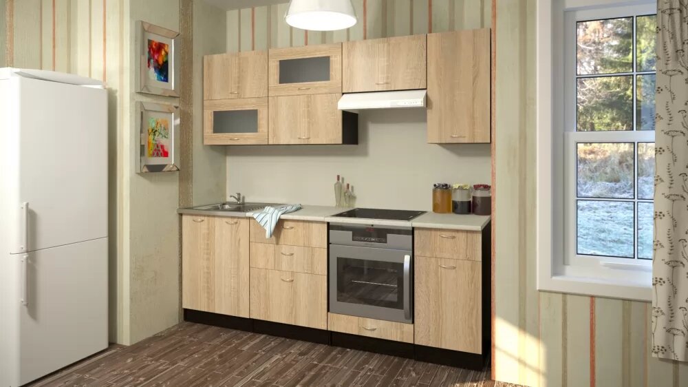 Кухонный гарнитур Герда Симона компакт 2200 мм, каркас ЛДСП, фасад ЛДСП; Стекло, Венге/Дуб сонома