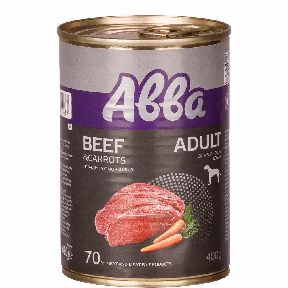 Авва Adult Влажный корм (консервы) для взрослых собак всех пород, с говядиной и морковью, 400 гр.