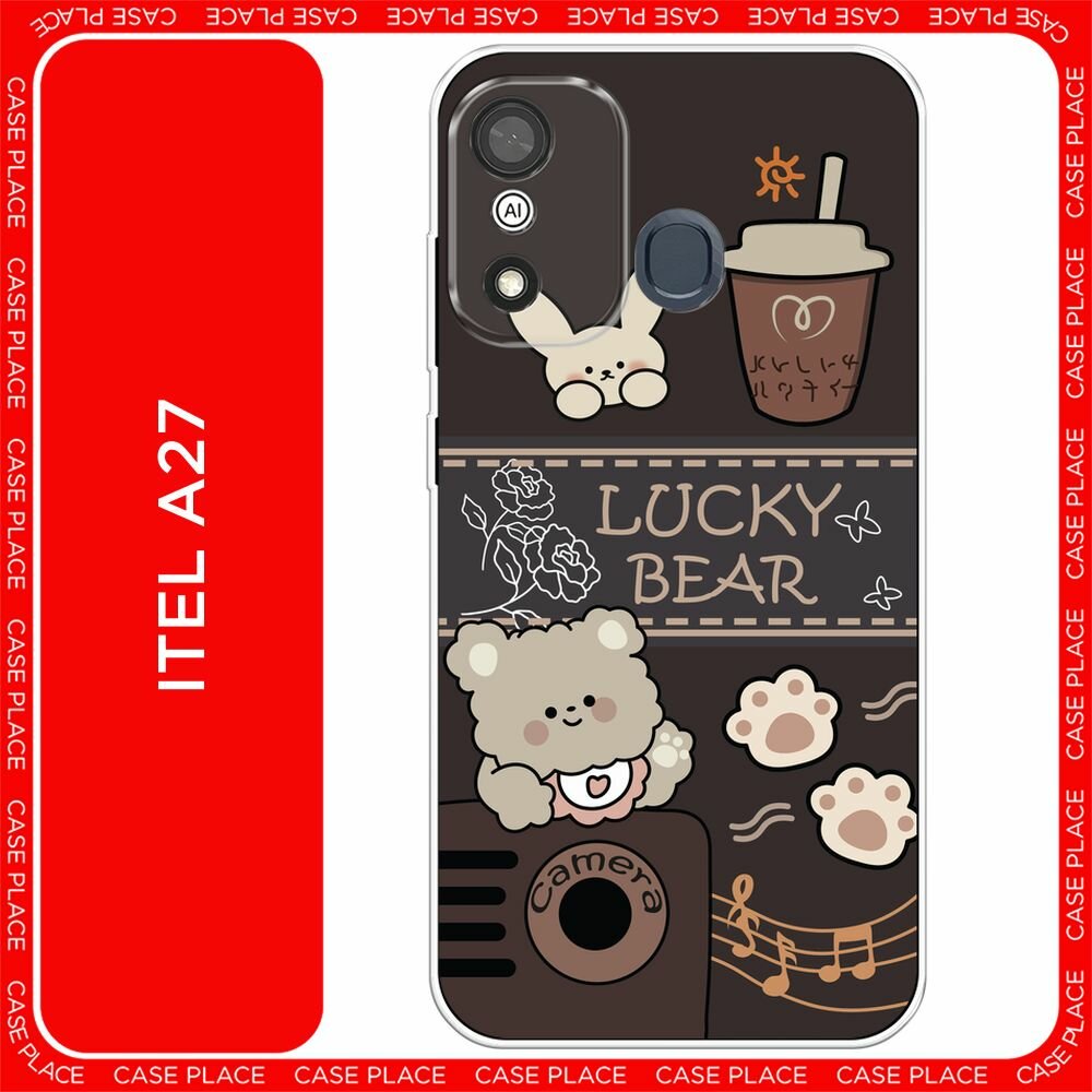 Чехол на Itel A27 / Ител А27 с принтом "Lucky bear coffee 1"