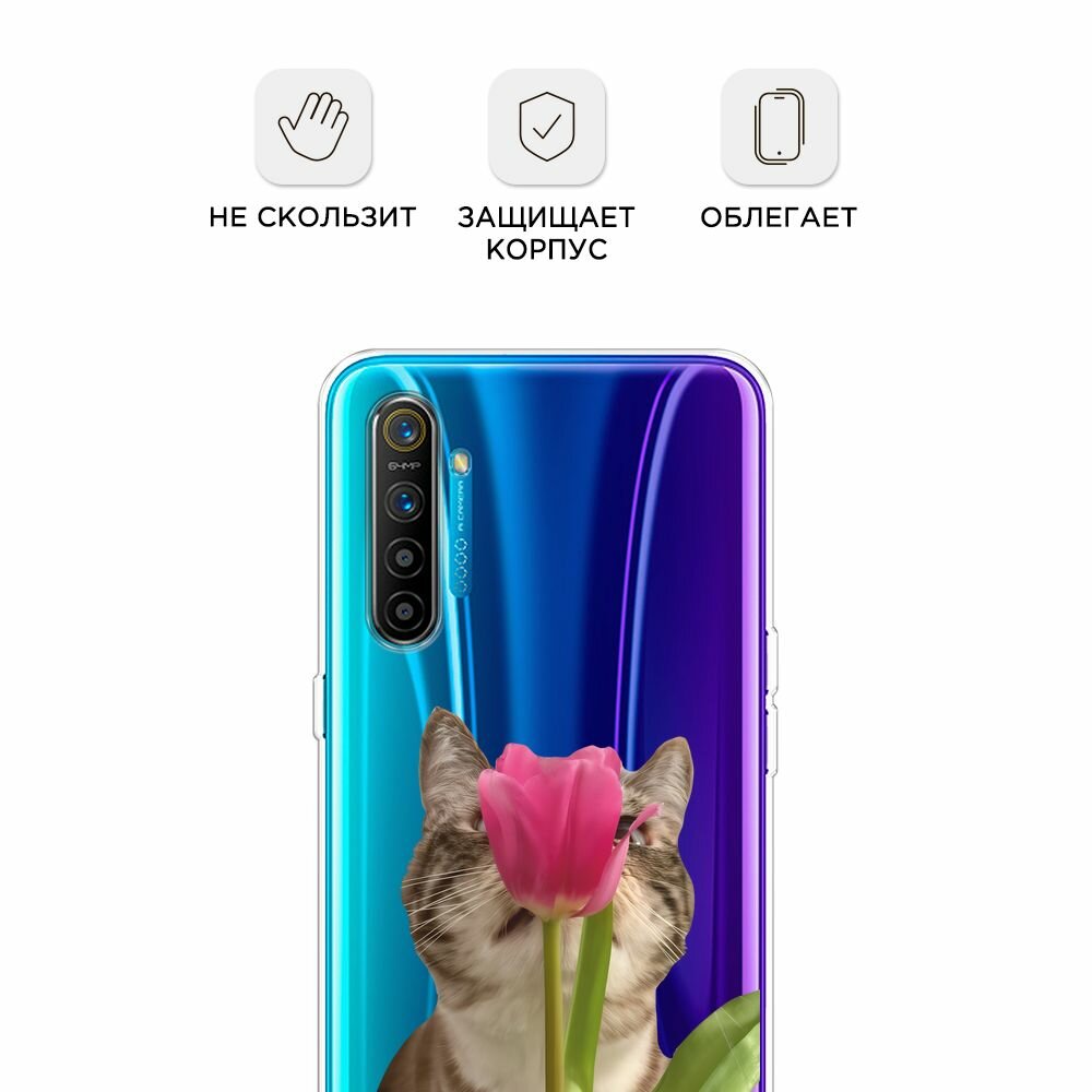 Чехол на Realme XT / Реалми XT с принтом "Кот с тюльпаном - 8 марта", прозрачный — фото 1