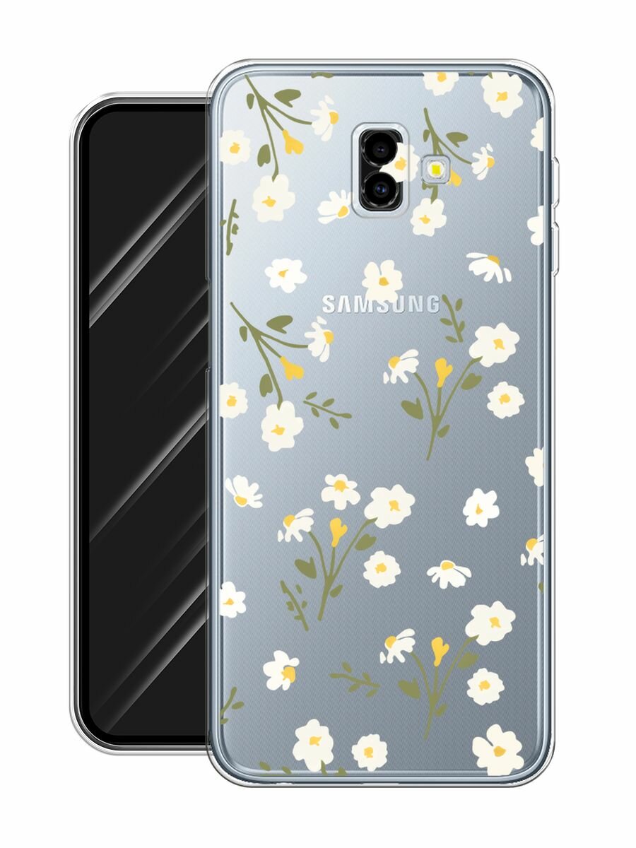 Чехол на Samsung Galaxy J6 + / Самсунг Галакси J6 Плюс 2018 с принтом "Пучки ромашек паттерн", прозрачный — фото 1
