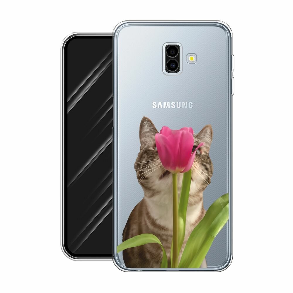 Чехол на Samsung Galaxy J6 + / Самсунг Галакси J6 Плюс 2018 с принтом "Кот с тюльпаном - 8 марта", прозрачный — фото 1