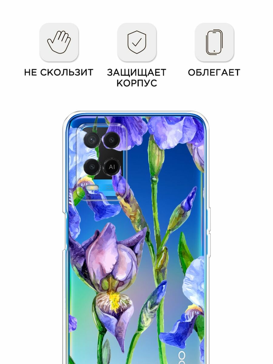 Чехол на Oppo A54 / Оппо A54 с принтом "Синие ирисы", прозрачный — фото 1