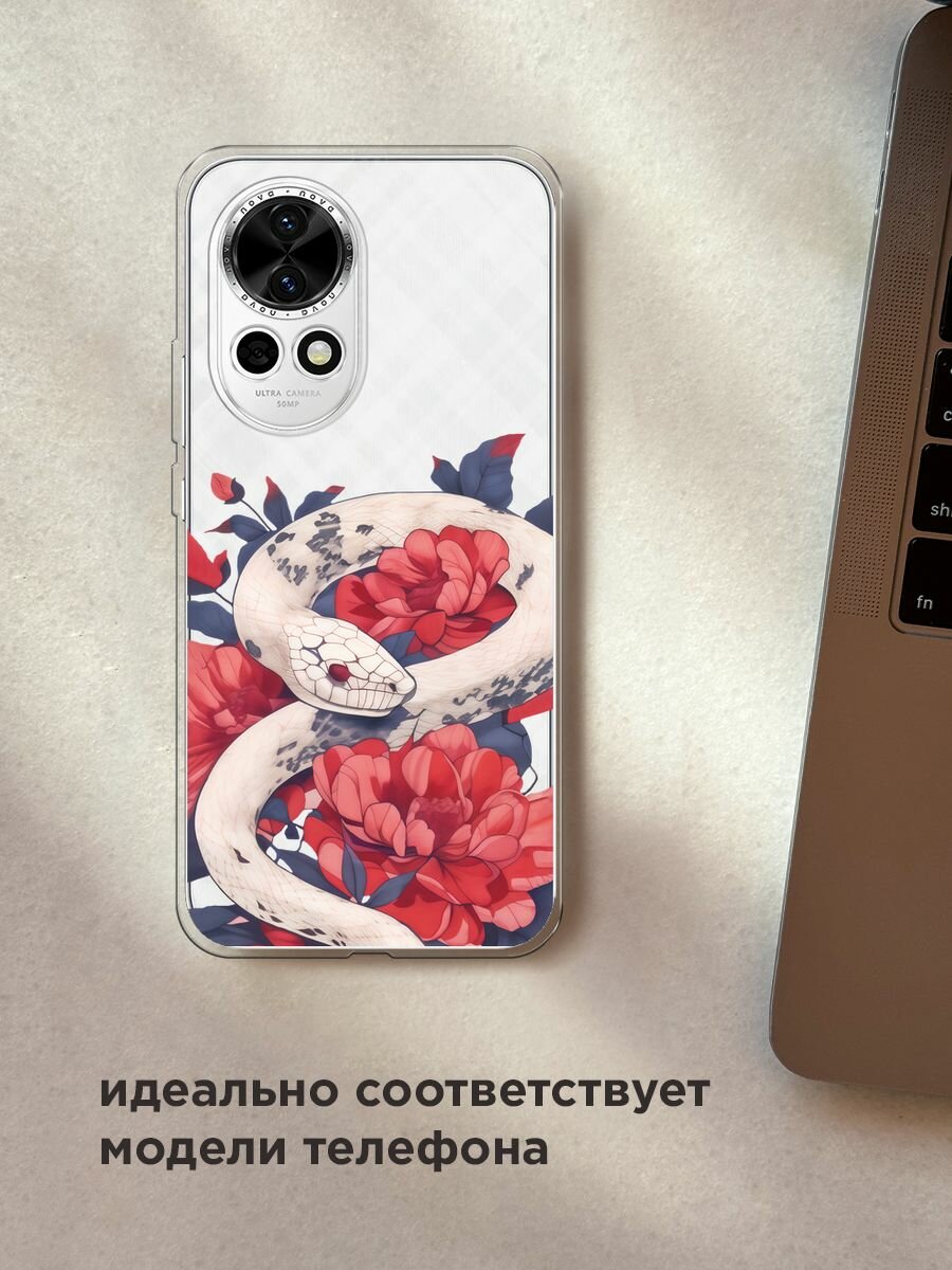 Чехол на Huawei Nova 12/Nova13 / Хуавей Нова 12/Нова 13 с принтом "Белая змея в цветах", прозрачный — фото 1