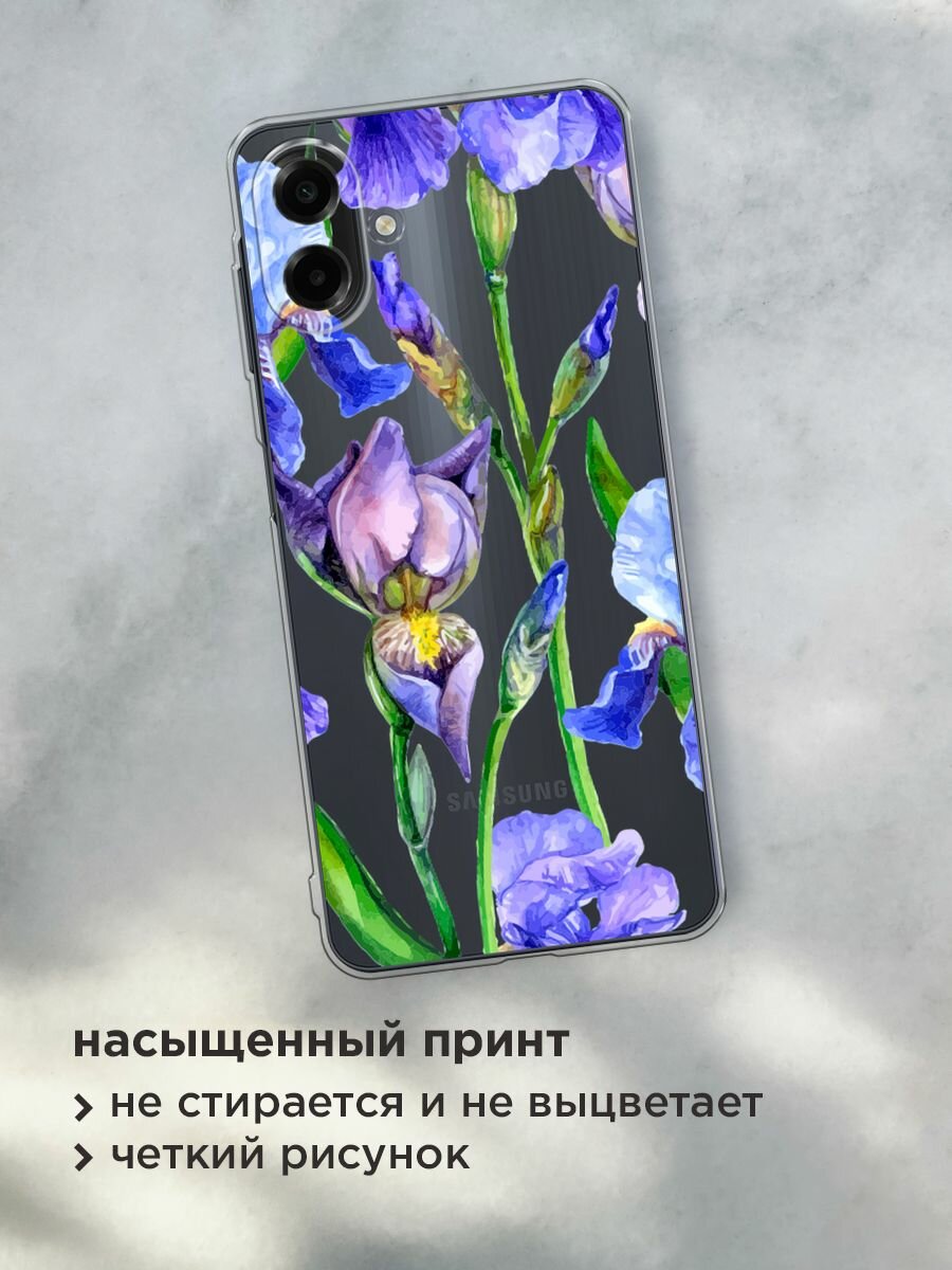 Чехол на Samsung Galaxy A07 / Самсунг А07 с принтом "Синие ирисы", прозрачный — фото 1