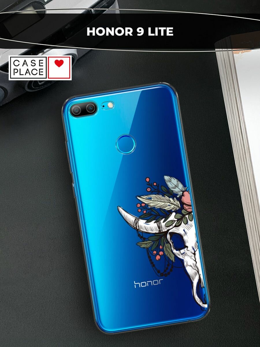 Чехол на Honor 9 Lite / Хонор 9 Лайт с принтом "Череп быка с цветами", прозрачный