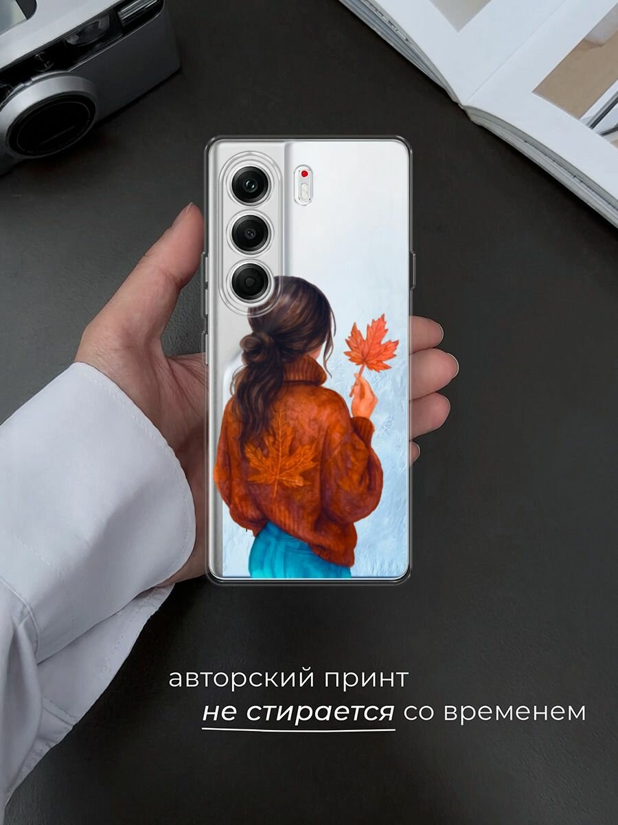 Чехол на Tecno Camon 40 Pro 5G / Текно Камон 40 Про 5G с принтом "Девушка с опавшим листом", прозрачный — фото 1