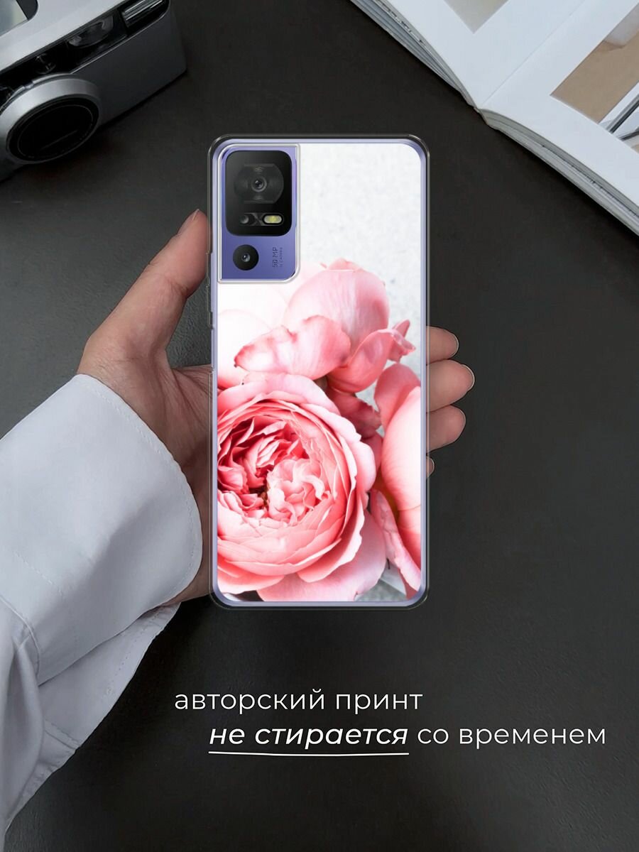 Силиконовый чехол на TCL 40 SE / ТСЛ 40 SE с принтом "Пионы на белом" — фото 1
