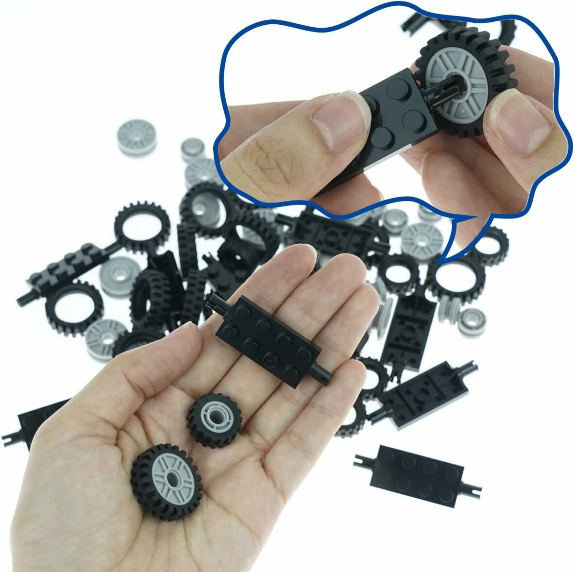 Колеса, шины и оси для городских транспортных средств, всего 70 штук. Компоненты для автомобилей и грузовиков Классические аксессуары, наборы строительных блоков