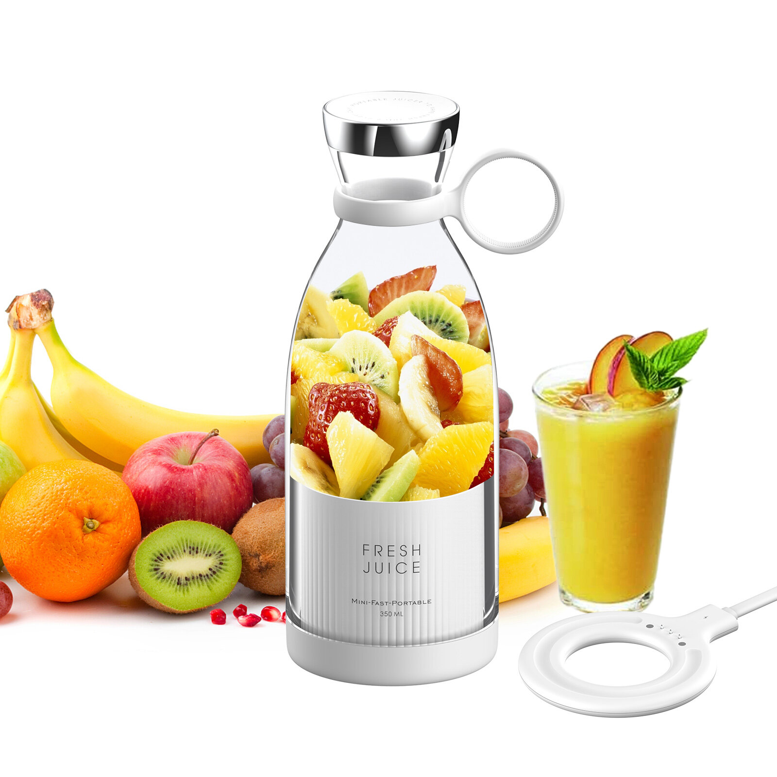 Переносной мини-блендер для смузи и соков, чашка для сока объемом 350 мл с беспроводной зарядкой, 4 лопасти, для смузи, молочных коктейлей, соков, детского питания, цвета: белый, розовый (выбор), материал: металл, силикон, PCTG, мощность 50Вт, емкость