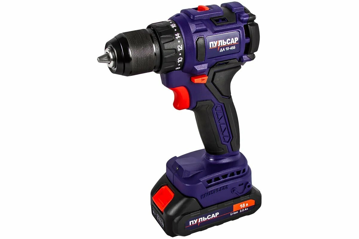 Аккумуляторная безударная дрель пульсар ДА 18-45Б 18 В, 45 Hm, Li-on, BL-мотор, 2,0 Ah, 2 аккумулятора, кейс 916-974