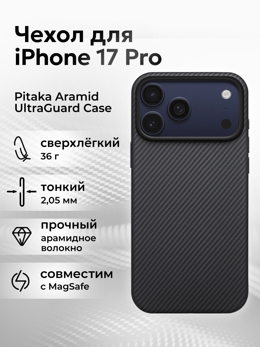 Противоударный чехол Pitaka, для iPhone 17 Pro, чёрный, матовый