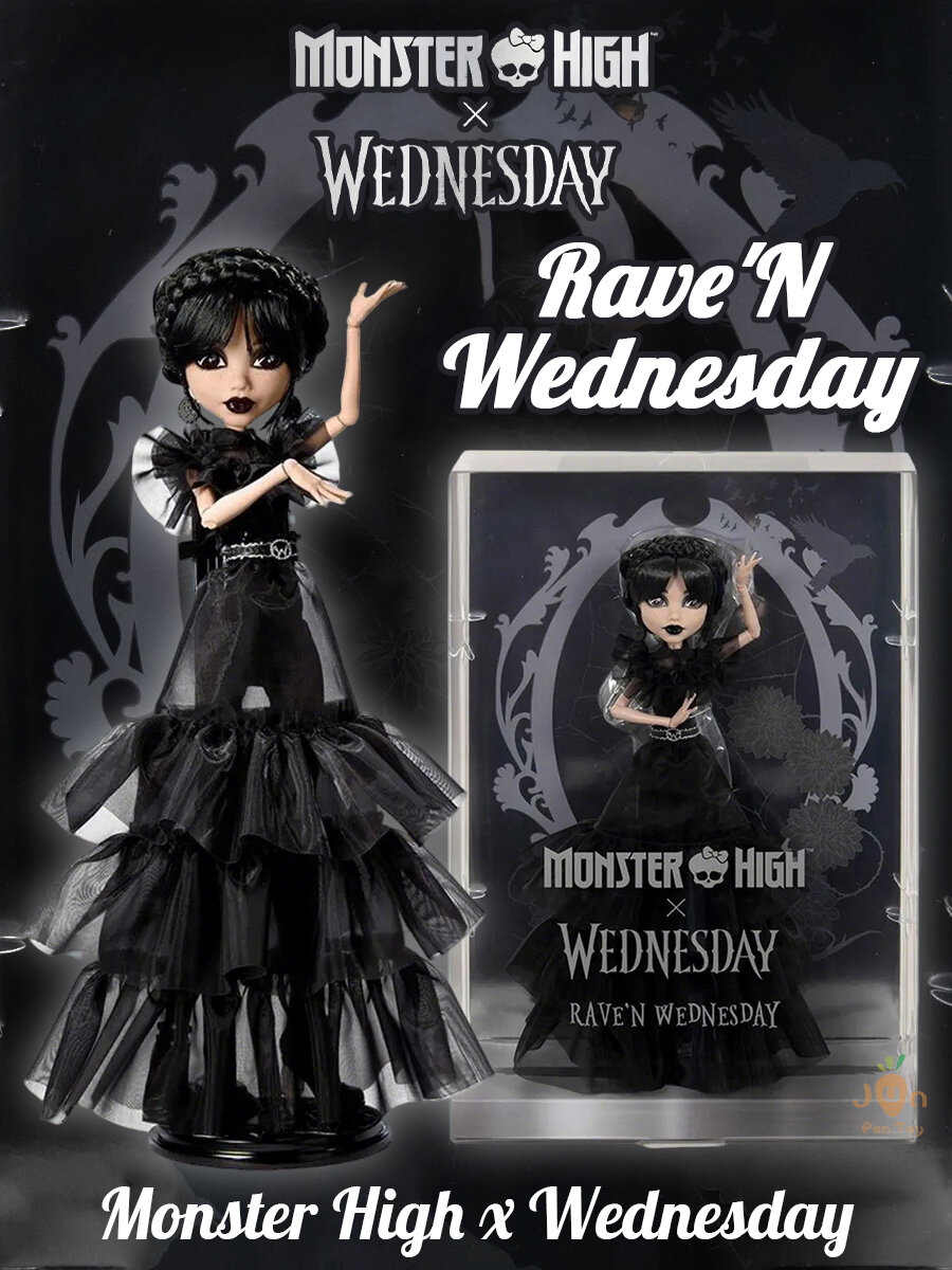 Монстр хай, кукла коллекционная, Mattel Monster High Rave N Wednesday Collectible Doll HXJ03 / Детская модная кукла в черном готическом одеянии и с подставкой для кукол, игрушки для девочек