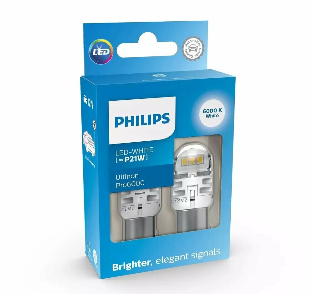 Philips Лампа автомобильная S25/P21W, 2 шт. арт. Ultinon Pro6000 T20 S25 T10 6000K 12B Белая лампочка автомобильного сигнала поворота