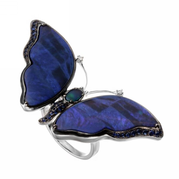 Кольцо, белое золото, 750 проба, бриллиант, сапфир, опал