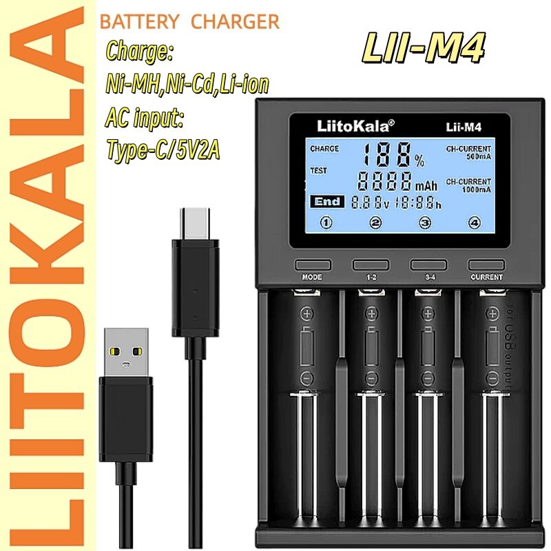 Зарядное устройство Liitokala LII-M4, для разных типов аккумуляторов, зарядка 500мА/1000мА, 4 слота