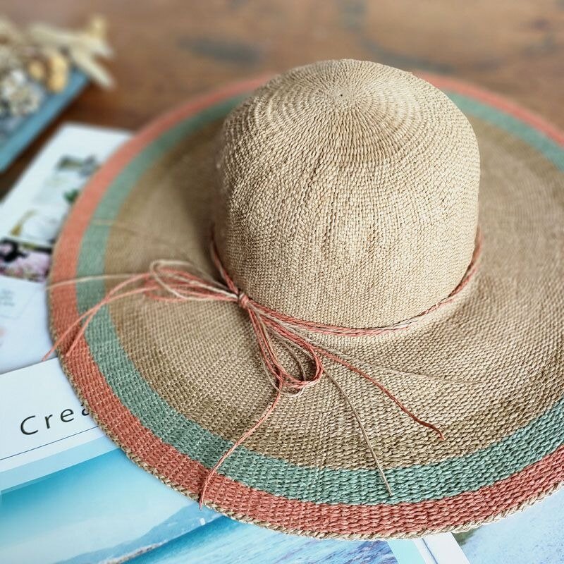 Соломенная шляпа с большими полями, женская соломенная шляпа в корейском стиле на шнуровке, летняя солнцезащитная шляпа для путешествий в стиле ретро, пляжная шляпа от солнца, шляпа от солнца