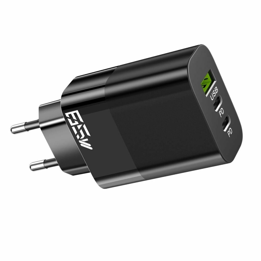 65W Быстрое зарядное устройство для нескольких устройств, два порта USB C, компактная технология PD, европейский стиль, Черный