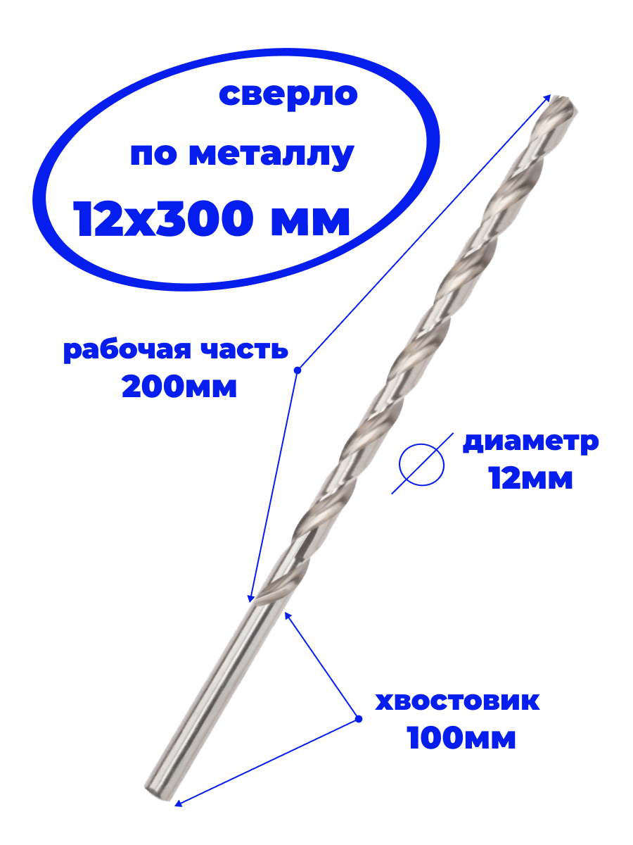 Удлиненное сверло Torgwin , по металлу, из быстрорежущей стали HSS, 12х300 мм