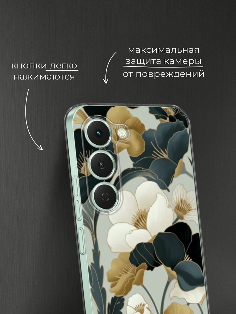 Чехол на Tecno Spark 40 Pro / Текно Спарк 40 Про с принтом Золотые и белые цветы — фото 1